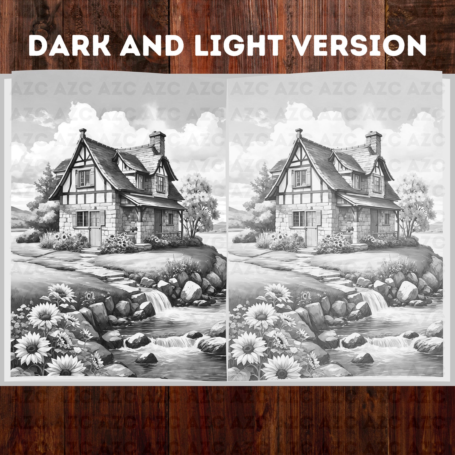 34 Riverside Summer Cottages Grayscale Coloring Pages| Fantasy ...
