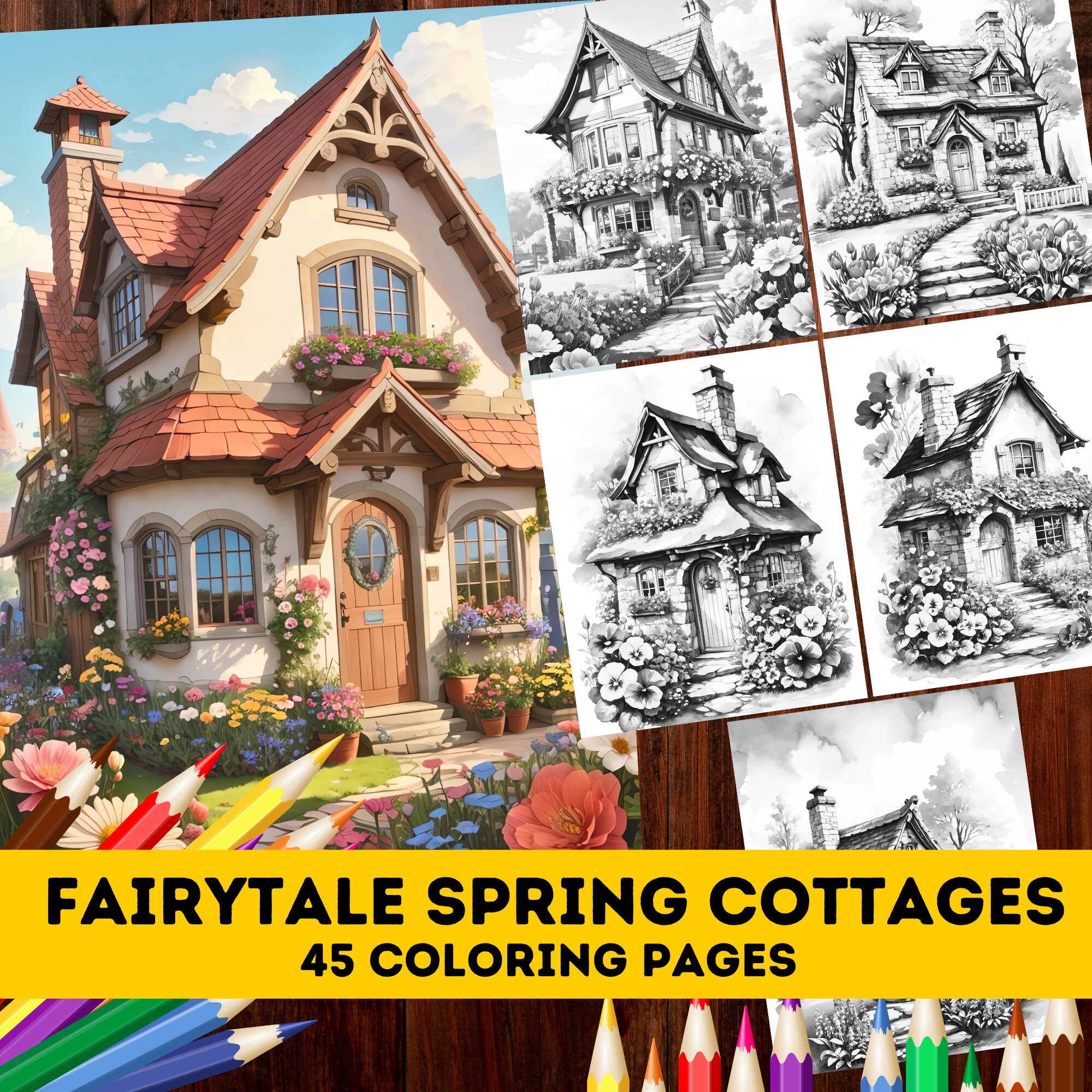 45 Fairytale Spring Cottages Grayscale Coloring Pages| Enchanting ...