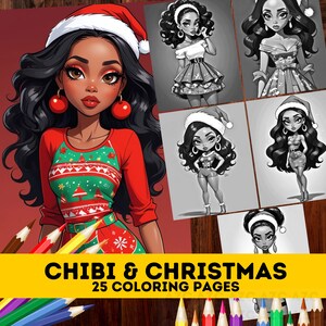 25 Cute Chibi Christmas Festive Ladies Grayscale Coloring Pages Melanin ...