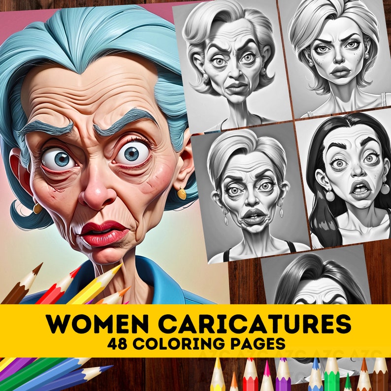 48 Women Caricatures Grayscale Coloring Pages Funny Looking Expressive ...