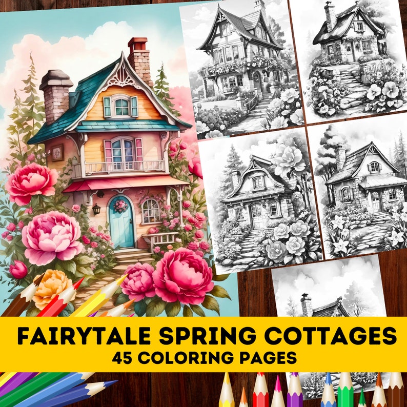 45 Fairytale Spring Cottages Grayscale Coloring Pages| Enchanting ...