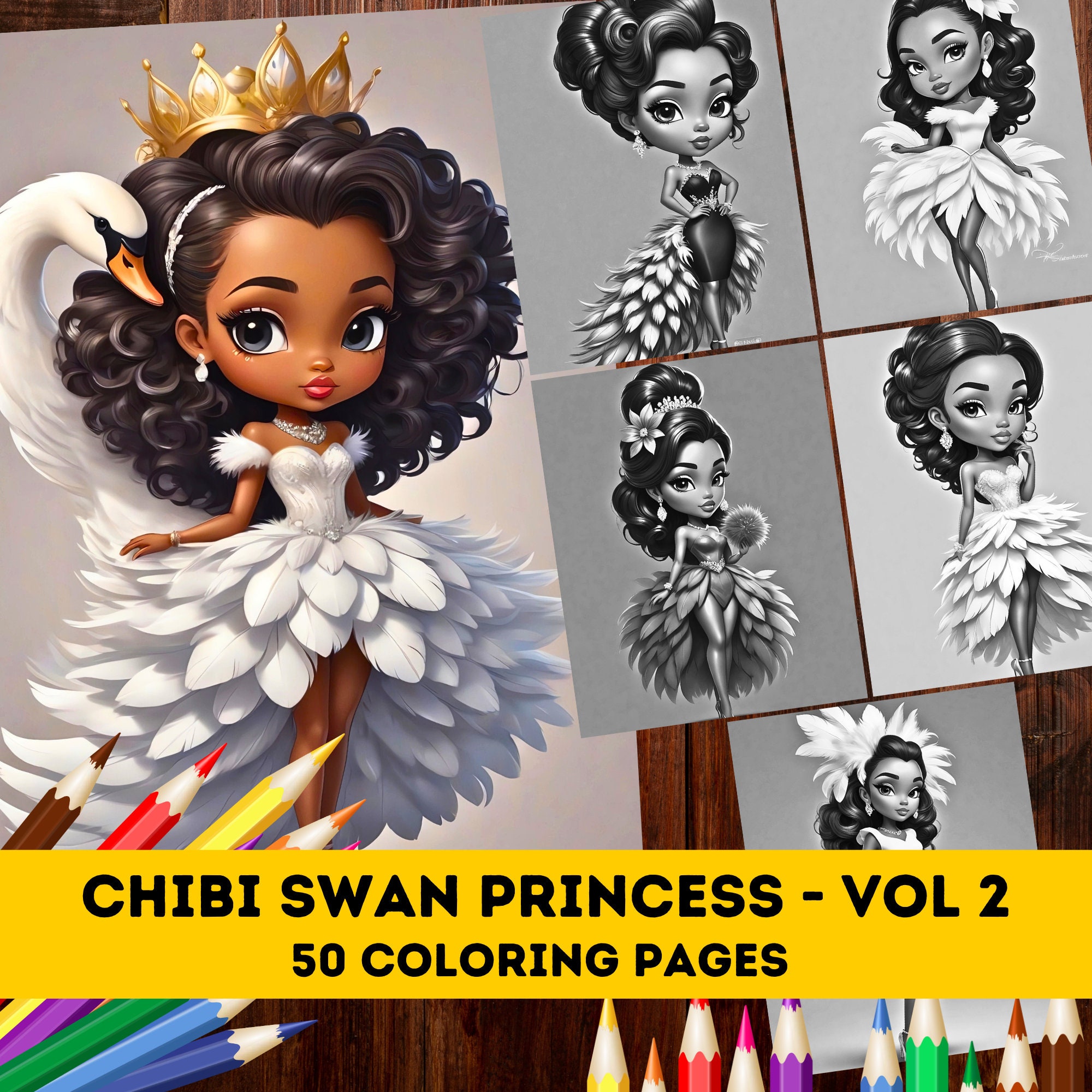 50 Cute Chibi Swan Princess Grayscale Coloring Pages-vol 2 - Etsy