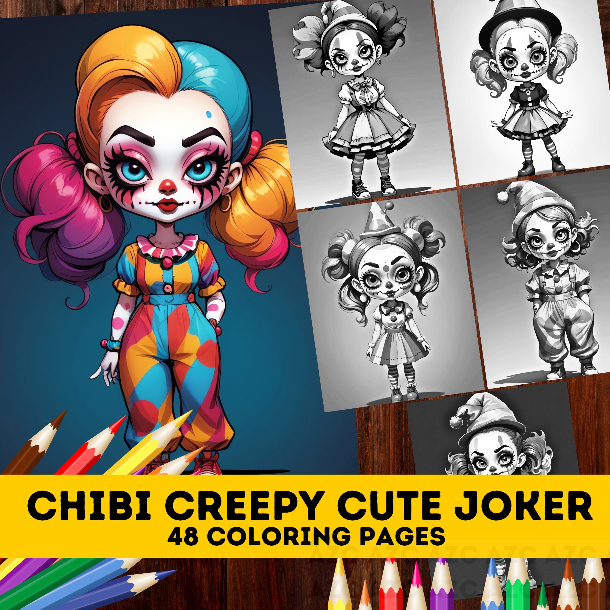 48 Chibi Cute Creepy Joker Chibi Clown Grayscale Coloring Pages Melanin ...