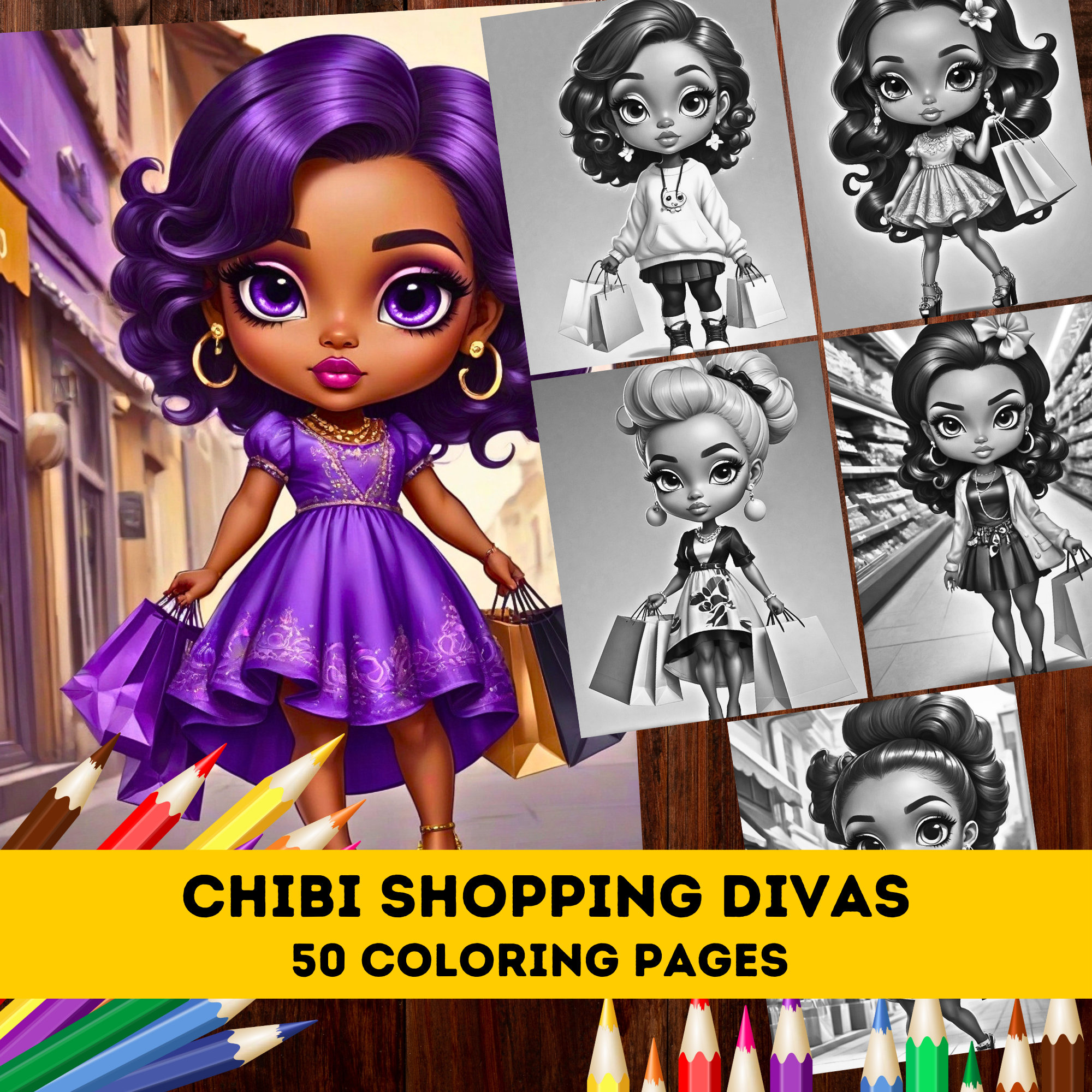 50 Cute Chibi Shopping Divas Cute Chibi Girls Grayscale Coloring Pages ...