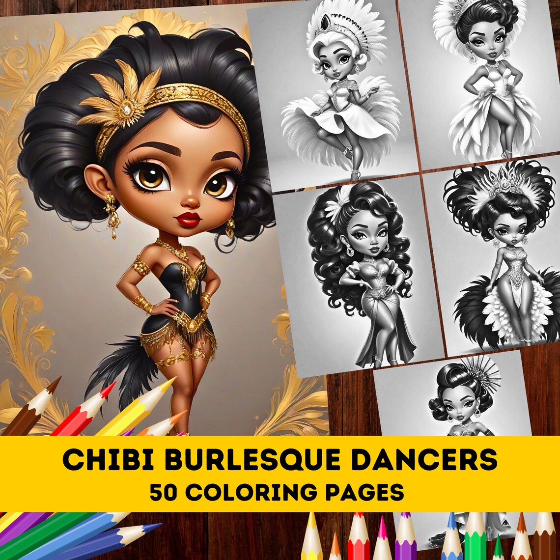 50 Cute Chibi Burlesque Dancerspin-up Ladies Grayscale Coloring Pages ...