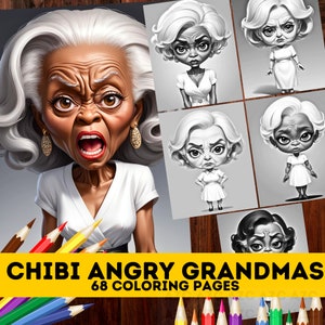 68 Cute Chibi Angry Grandmas Grayscale Coloring Pages| Old Ladies Art ...