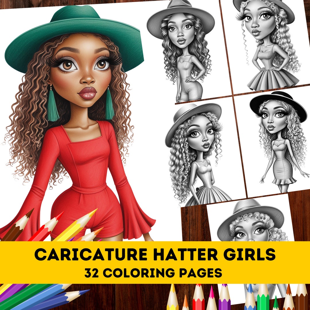 32 Cute Hatter Girls Caricatures Grayscale Coloring Pages|whimsical ...