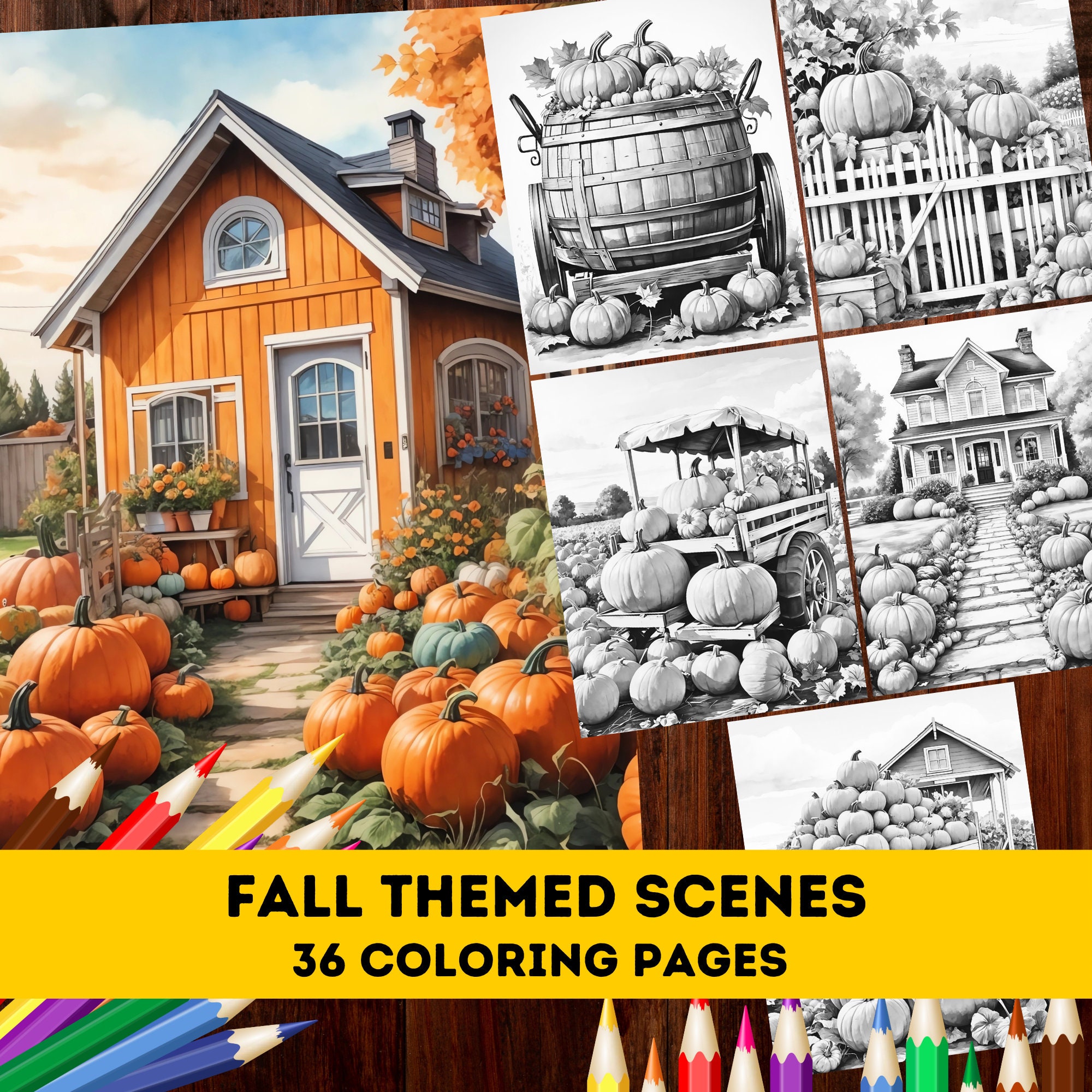 36 Fall-themed Scene Grayscale Coloring Pages Autumn Scene With ...