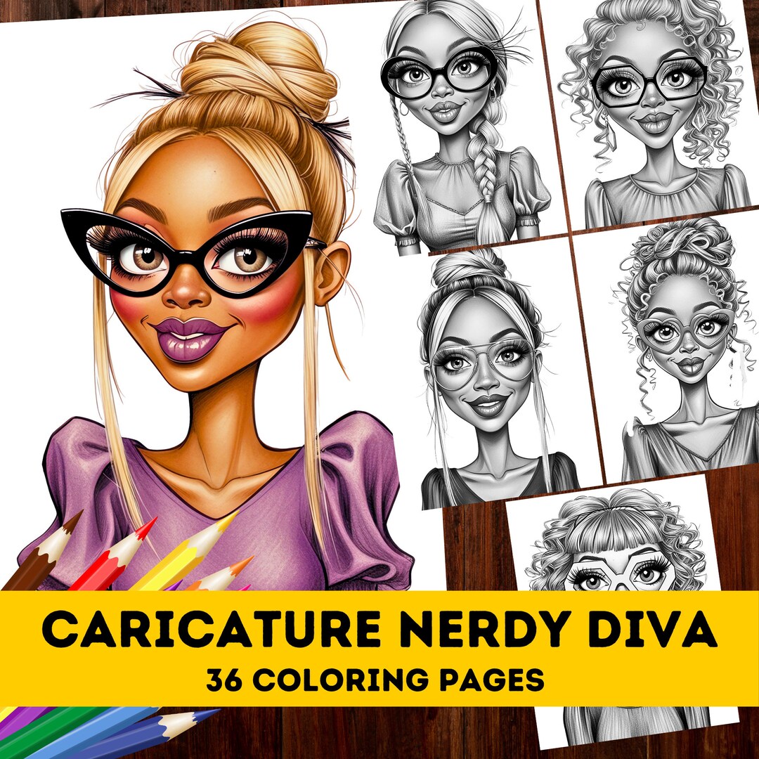 36 Cute Nerdy Divas Caricatures Grayscale Coloring Pages|whimsical ...