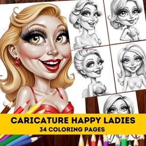34 Beautiful Happy Ladies Caricatures Grayscale Coloring Pages ...