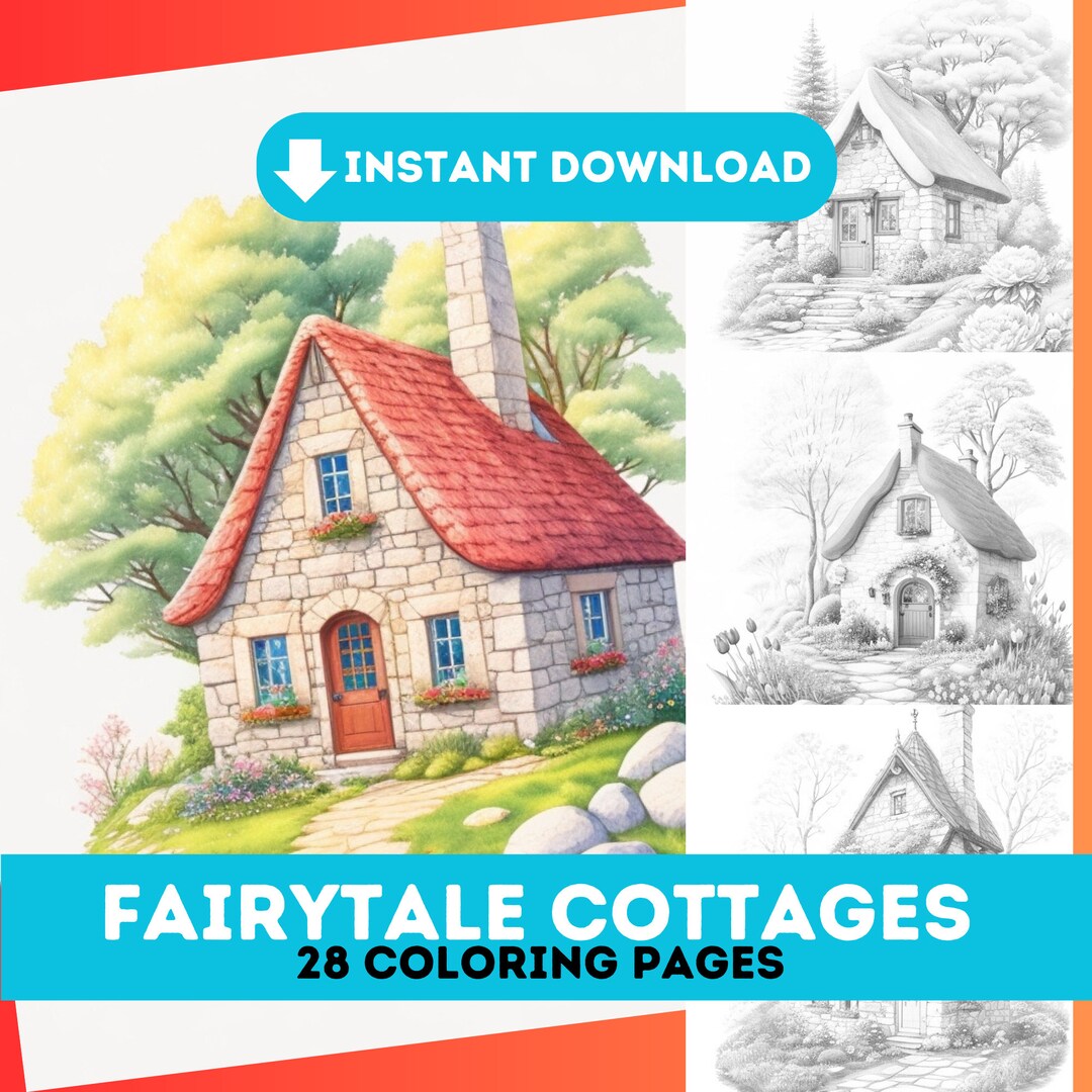 28 Fairytale Cottage Coloring Book Pages| Adults Kids Grayscale ...