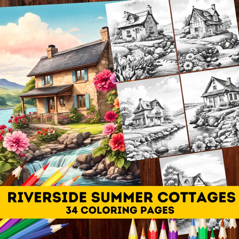 34 Riverside Summer Cottages Grayscale Coloring Pages| Fantasy ...