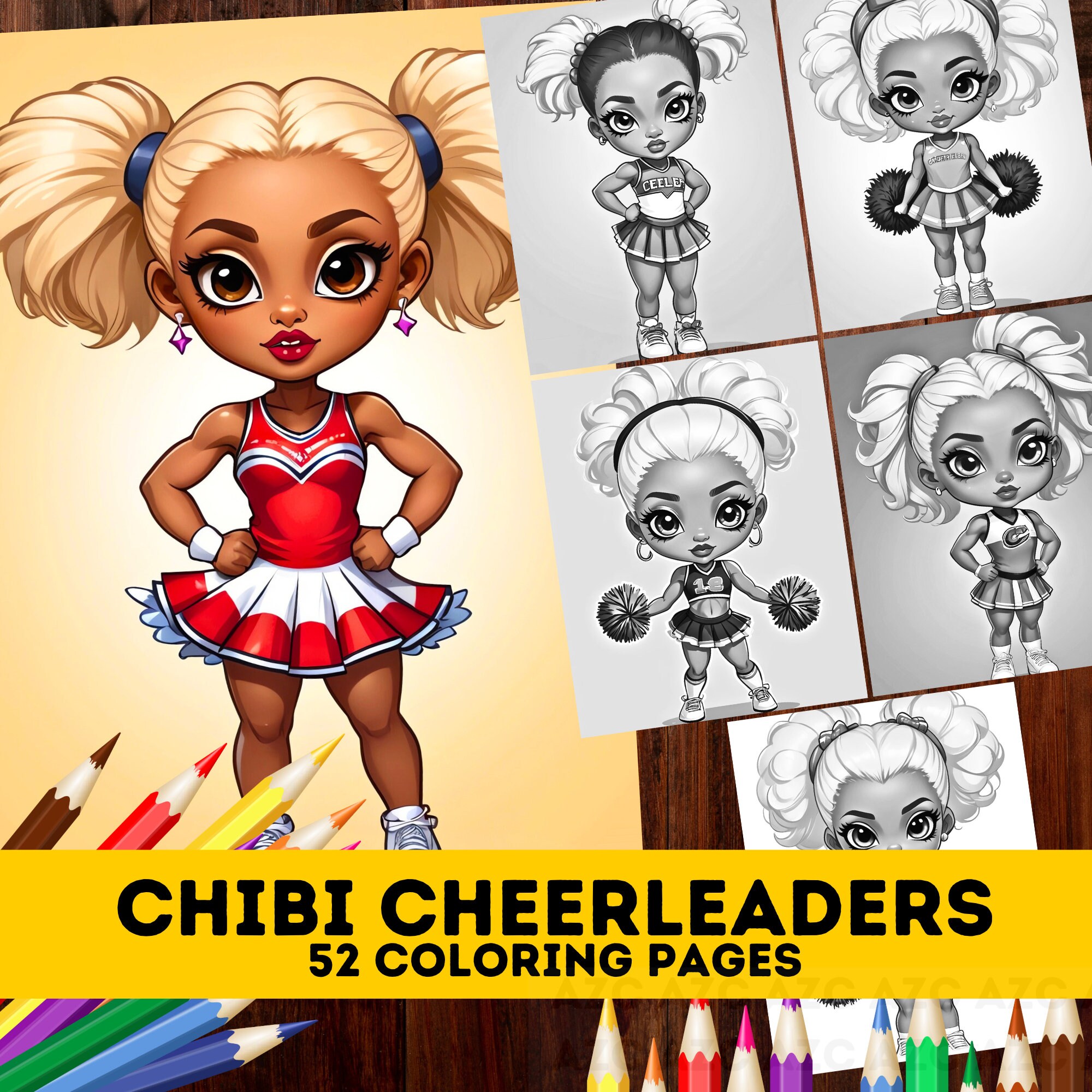 52 Cute Chibi Cheerleader Girls Grayscale Coloring Pages Melanin Kawaii ...