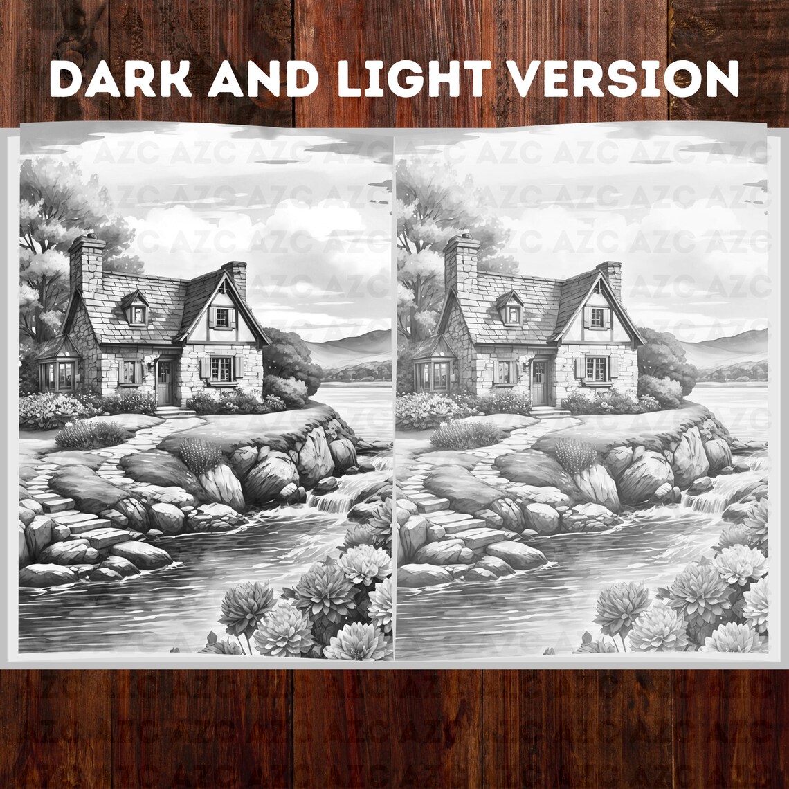 34 Riverside Summer Cottages Grayscale Coloring Pages| Fantasy ...