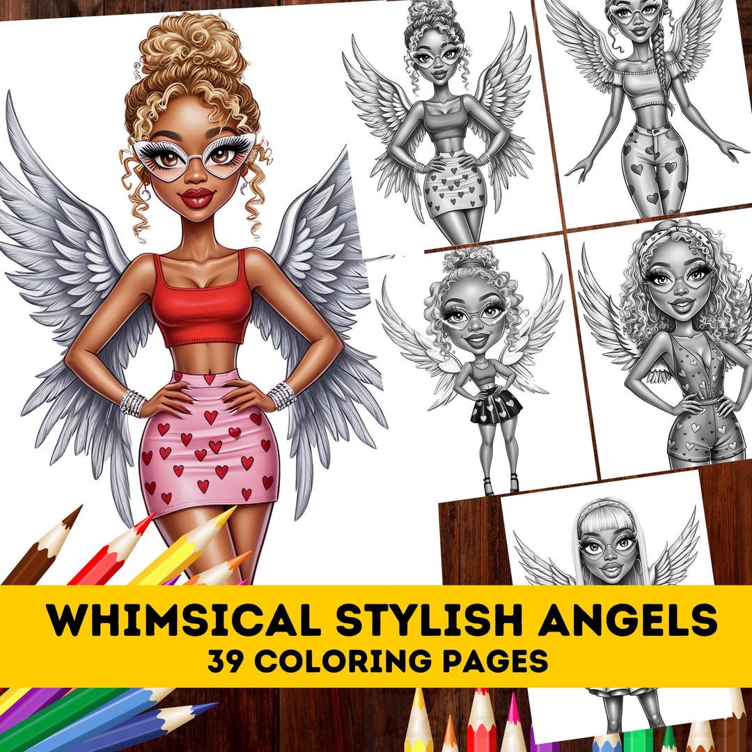 31 Whimsical Stylish Angels Caricatures Grayscale Coloring ...