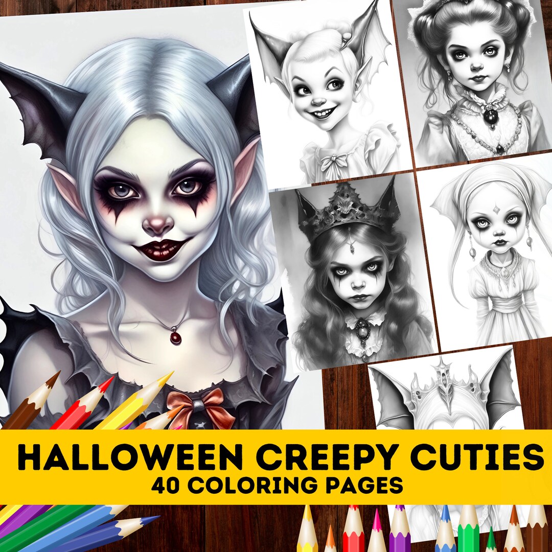 40 Spooky Halloween Creepy Cuties Grayscale Coloring Pages| Halloween ...
