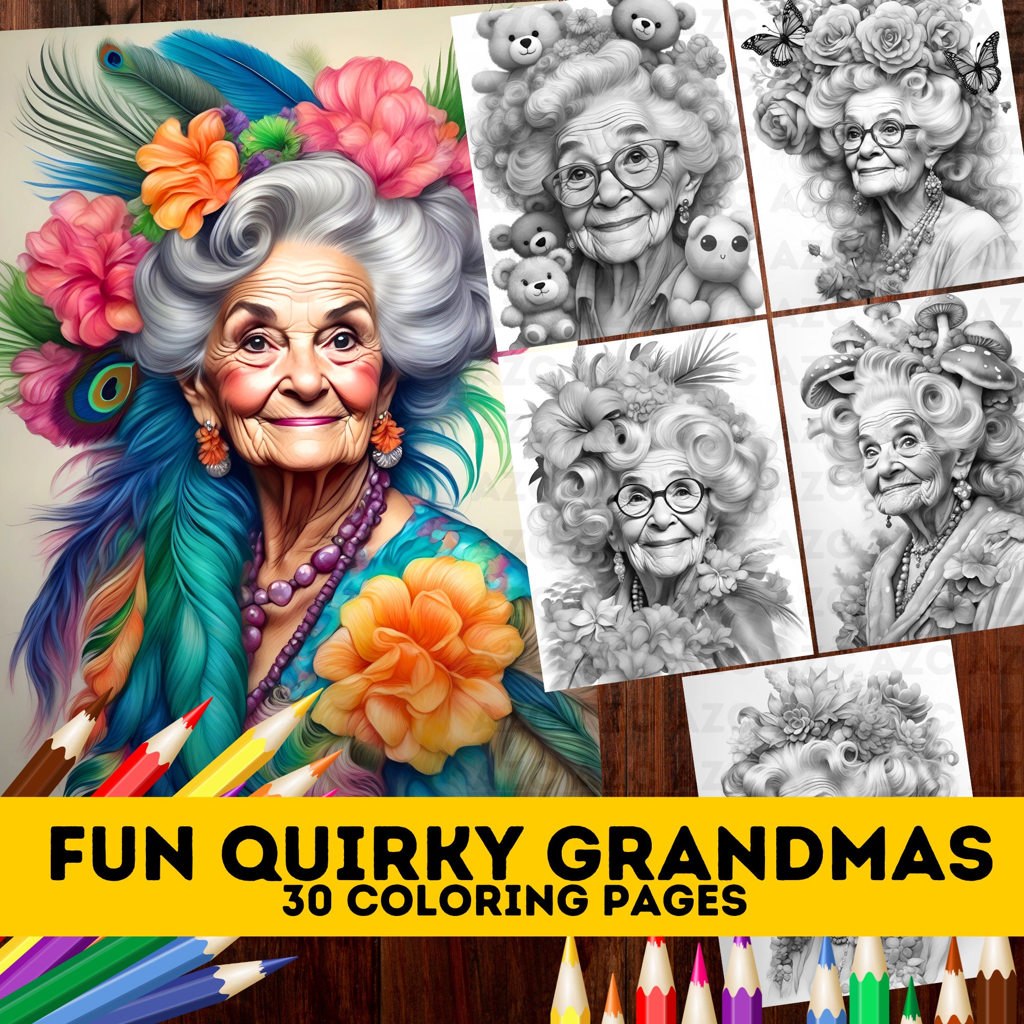 30 Fun Quirky Grandma Grayscale Coloring Book Pages Loving Grandmas and ...
