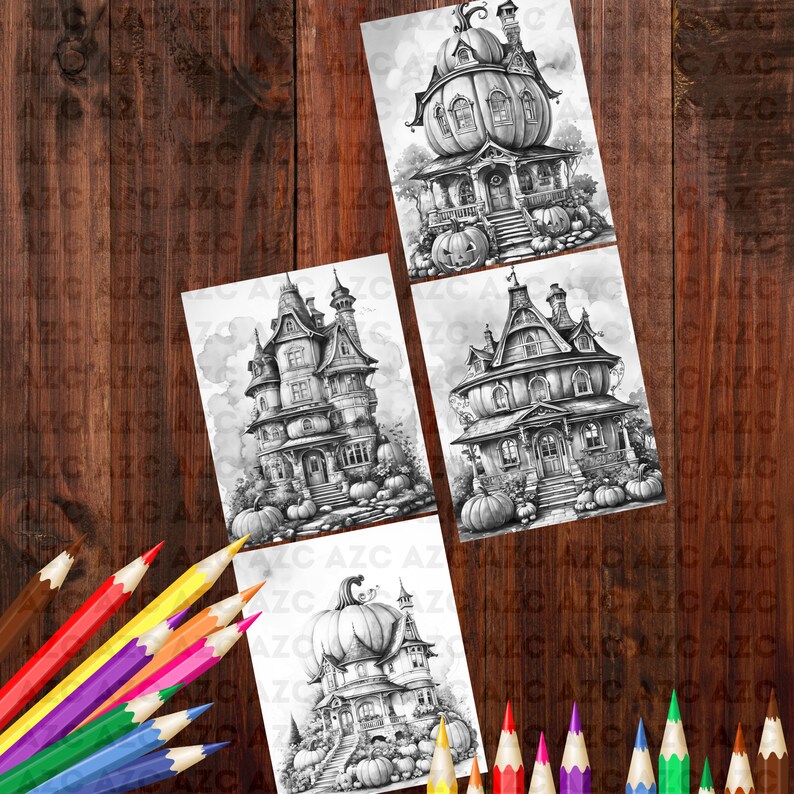 25 Fairytale Pumpkin House Grayscale Coloring Pages Fantasy - Etsy