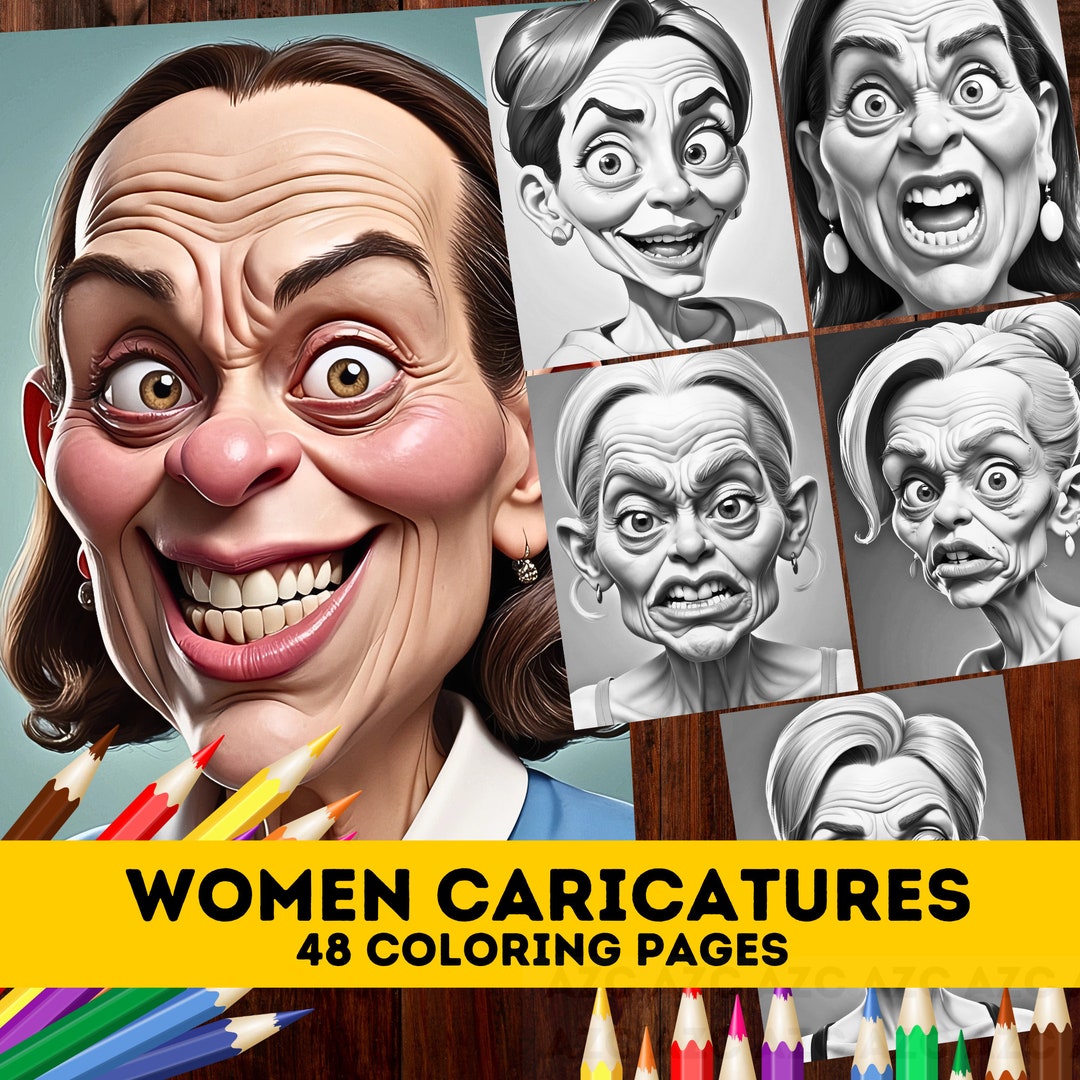 48 Women Caricatures Grayscale Coloring Pages Funny Looking Expressive ...