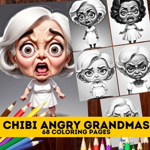 68 Cute Chibi Angry Grandmas Grayscale Coloring Pages| Old Ladies Art ...
