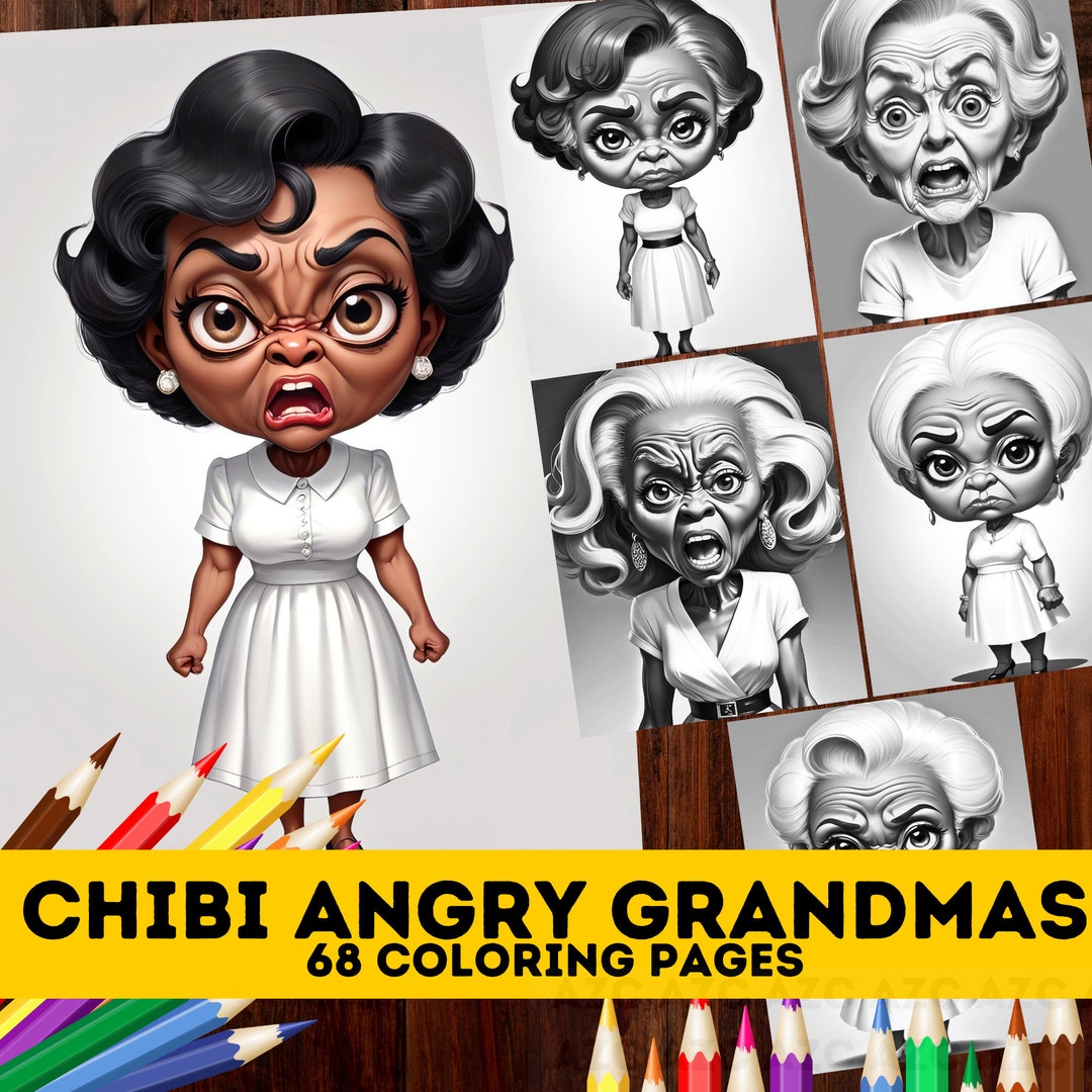 68 Cute Chibi Angry Grandmas Grayscale Coloring Pages Old Ladies Art ...