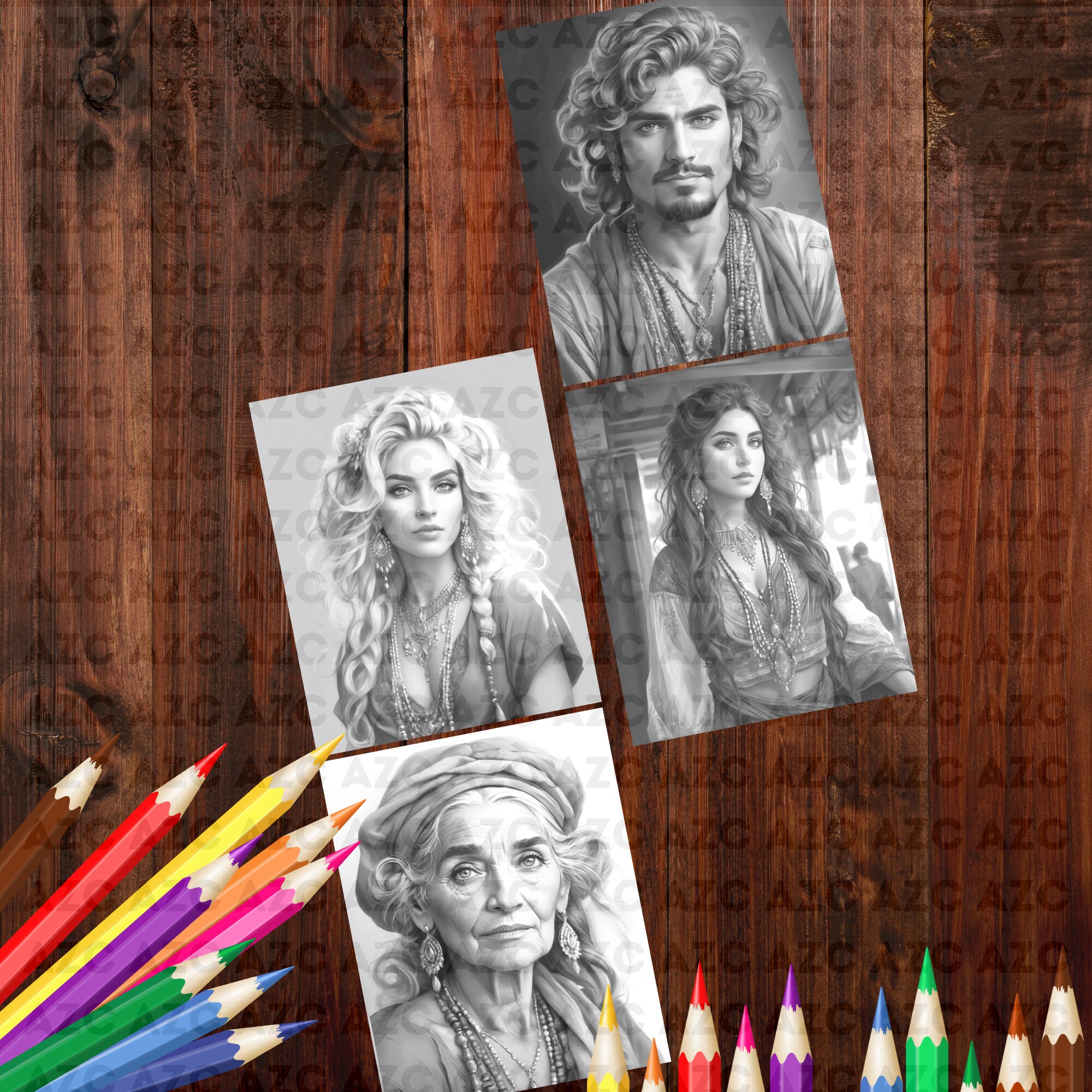 38 Gypsy Women Men Grayscale Coloring Book Pages Romani Girls Boys ...