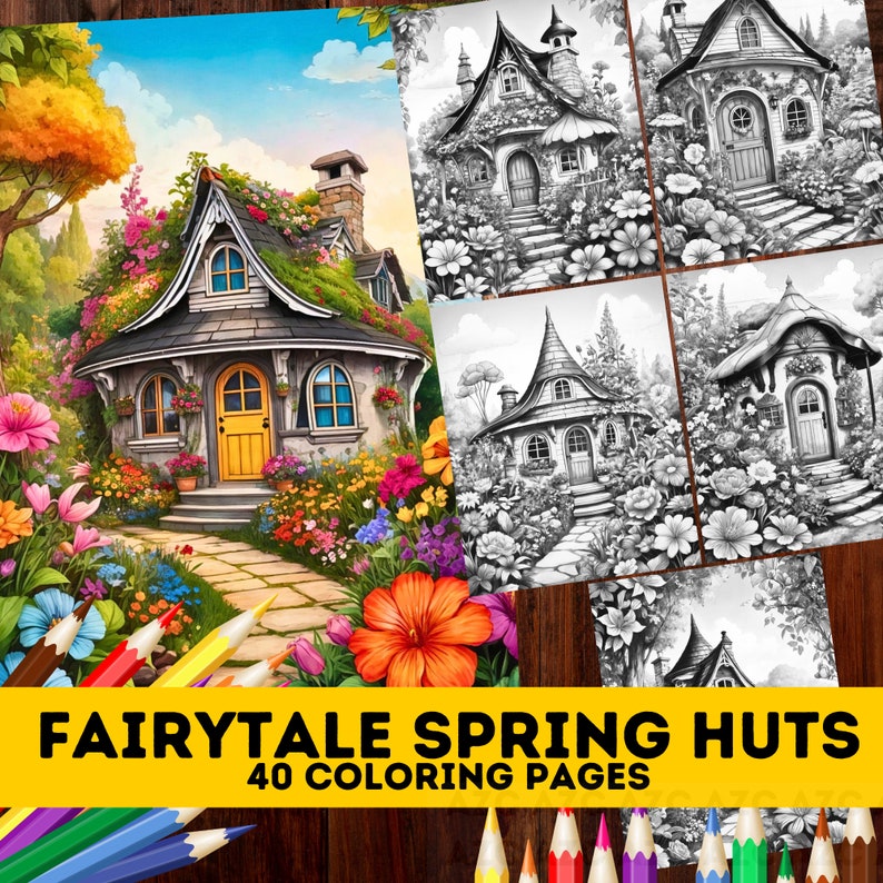 40 Cute Fairytale Spring Huts Grayscale Coloring Pages| Enchanting ...