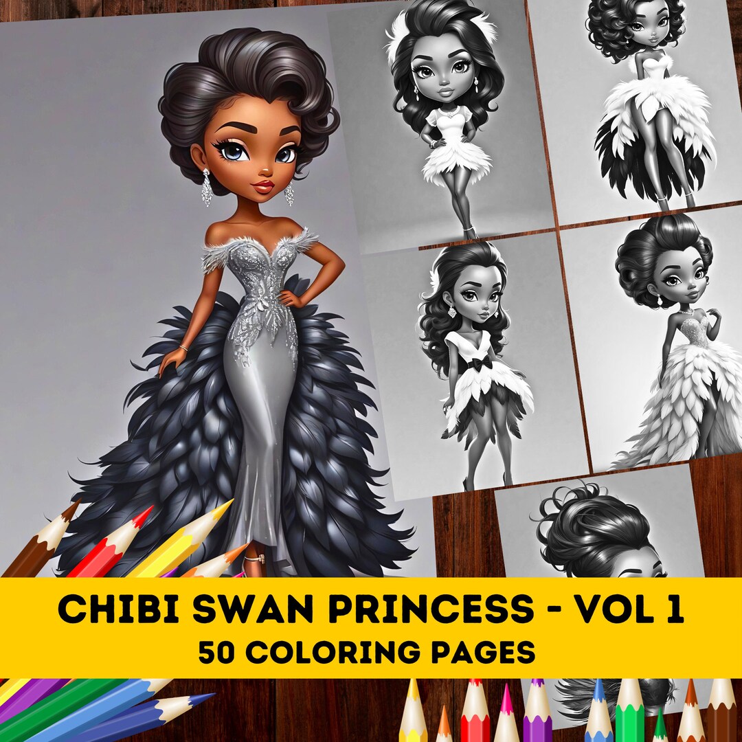 50 Cute Chibi Swan Princess Grayscale Coloring Pages-vol 1 Melanin ...