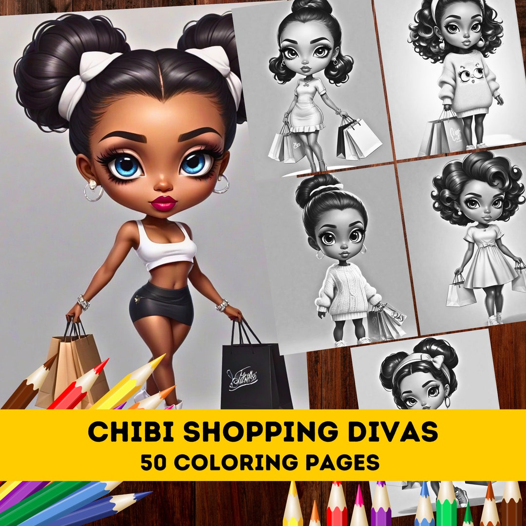 50 Cute Chibi Shopping Divas Cute Chibi Girls Grayscale Coloring Pages ...