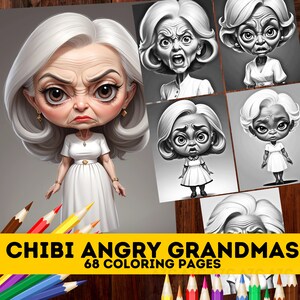 68 Cute Chibi Angry Grandmas Grayscale Coloring Pages| Old Ladies Art ...