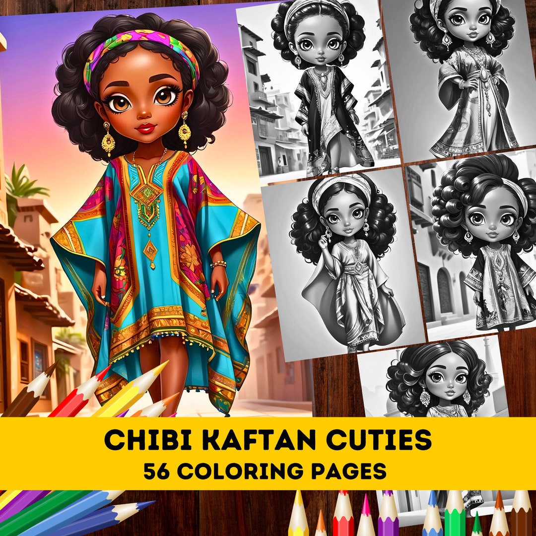 56 Cute Chibi Arabian Girls in Kaftans Coloring Pages Melanin Kawaii ...