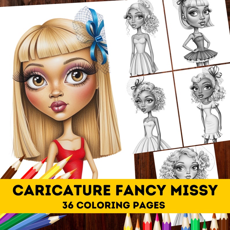 36 Cute Fancy Missy Girls Caricatures Grayscale Coloring Pages ...