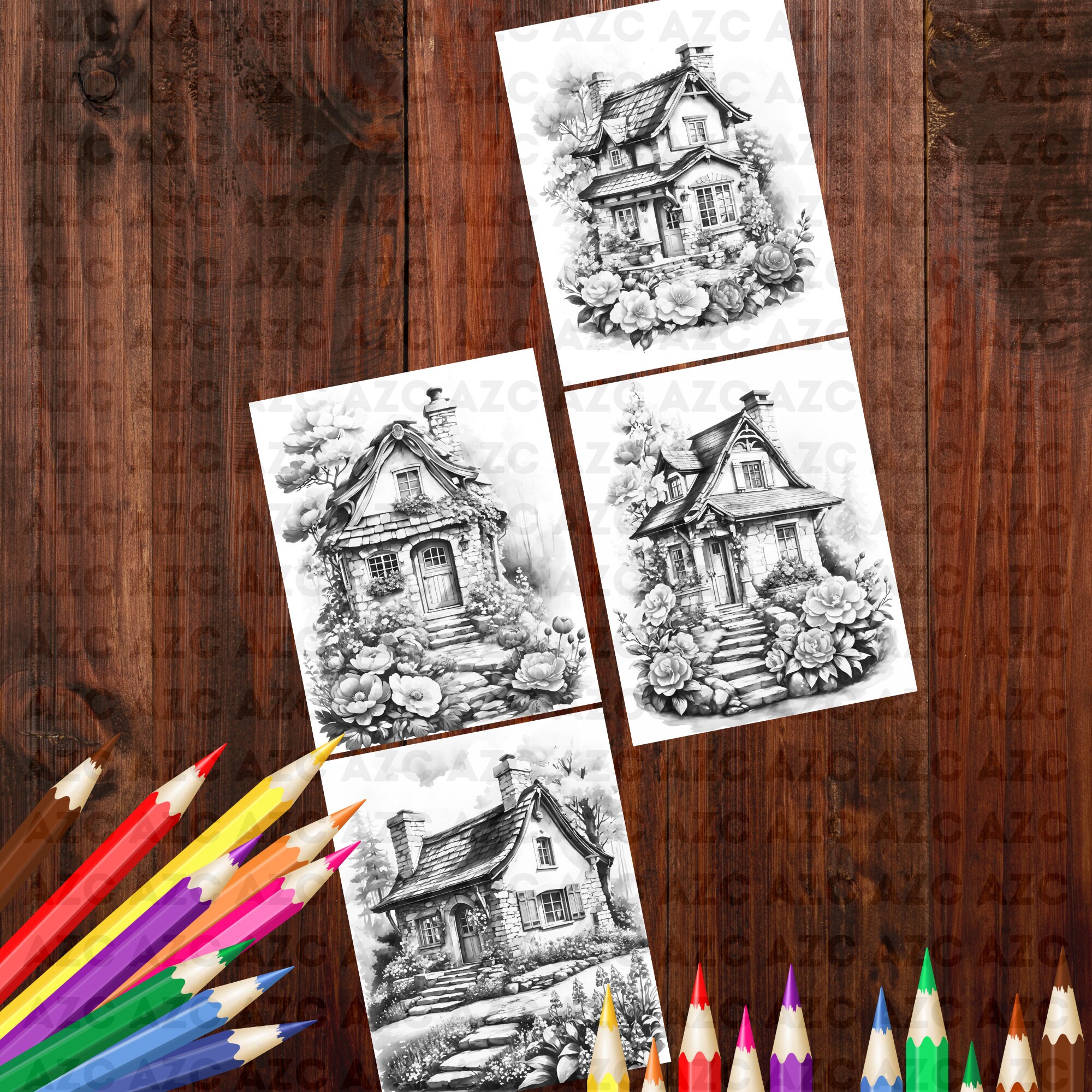 45 Fairytale Spring Cottages Grayscale Coloring Pages| Enchanting ...