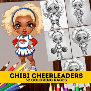 52 Cute Chibi Cheerleader Girls Grayscale Coloring Pages Melanin Kawaii ...