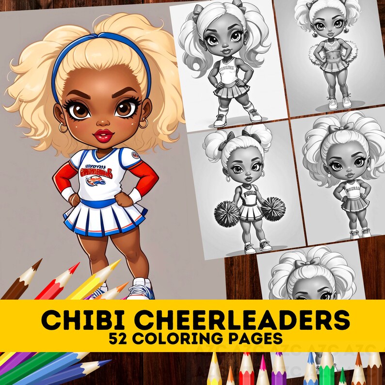 52 Cute Chibi Cheerleader Girls Grayscale Coloring Pages Melanin Kawaii ...