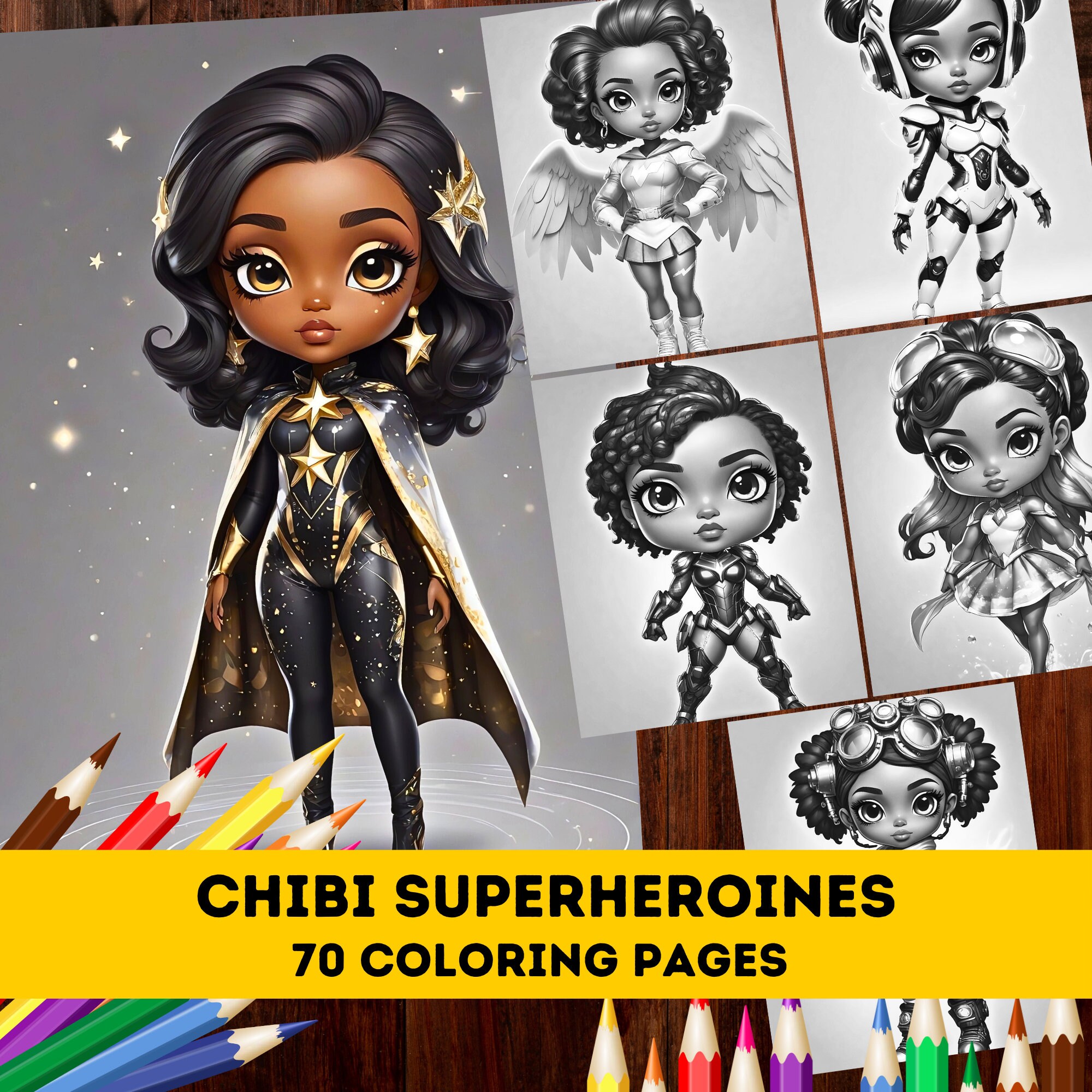 70 Cute Chibi Superheroines With Cool Power Grayscale Coloring Pages ...