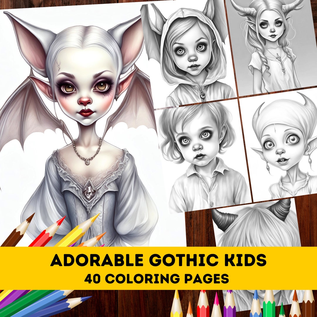 40 Adorable Gothic Kids Grayscale Coloring Pages| Halloween Cute Spooky ...