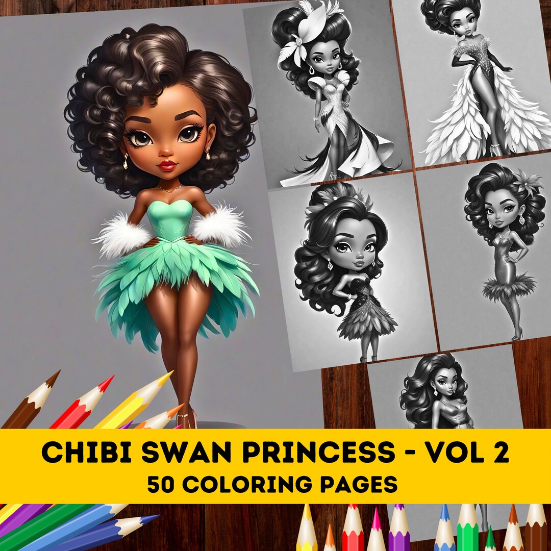 50 Cute Chibi Swan Princess Grayscale Coloring Pages-vol 2 - Etsy