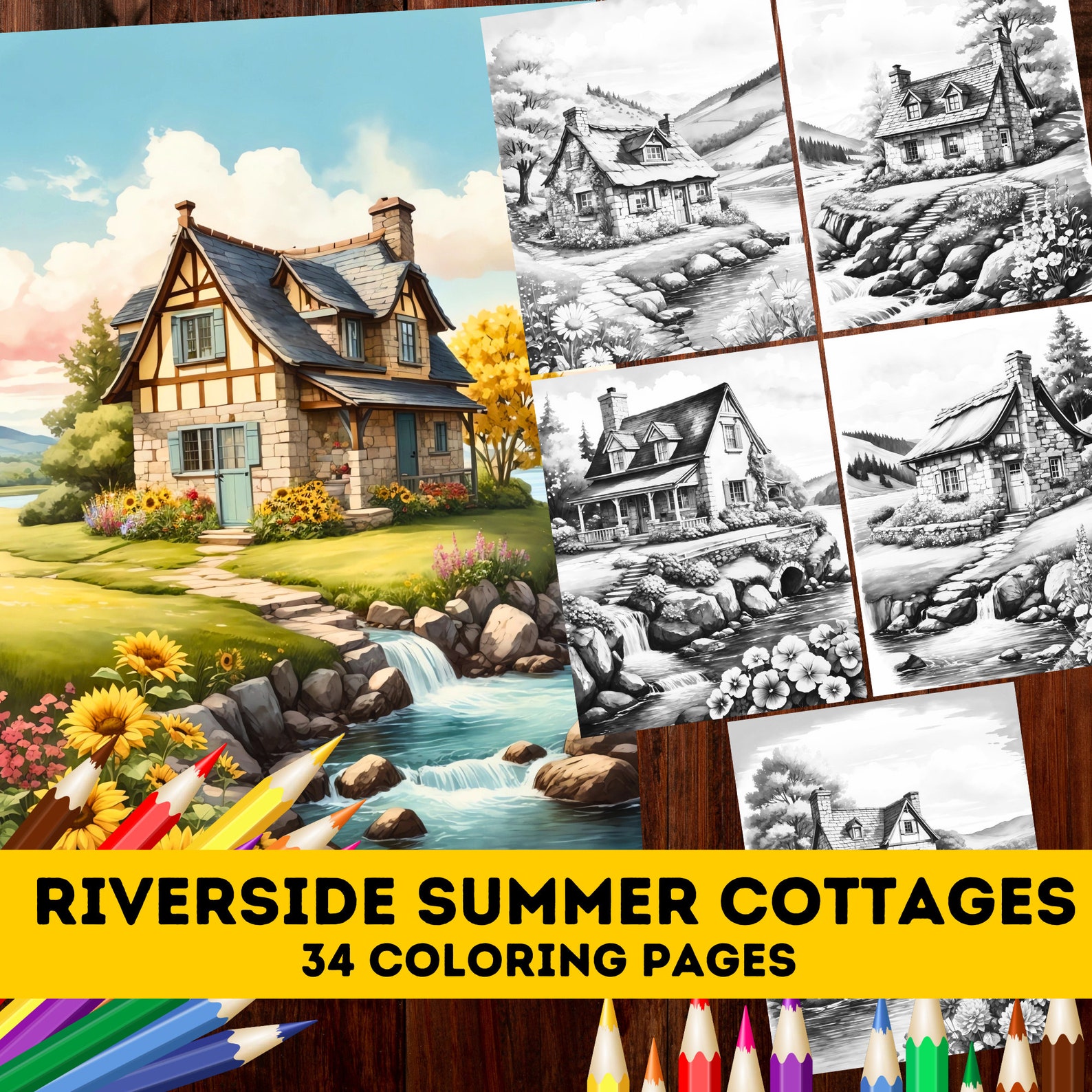 34 Riverside Summer Cottages Grayscale Coloring Pages| Fantasy ...