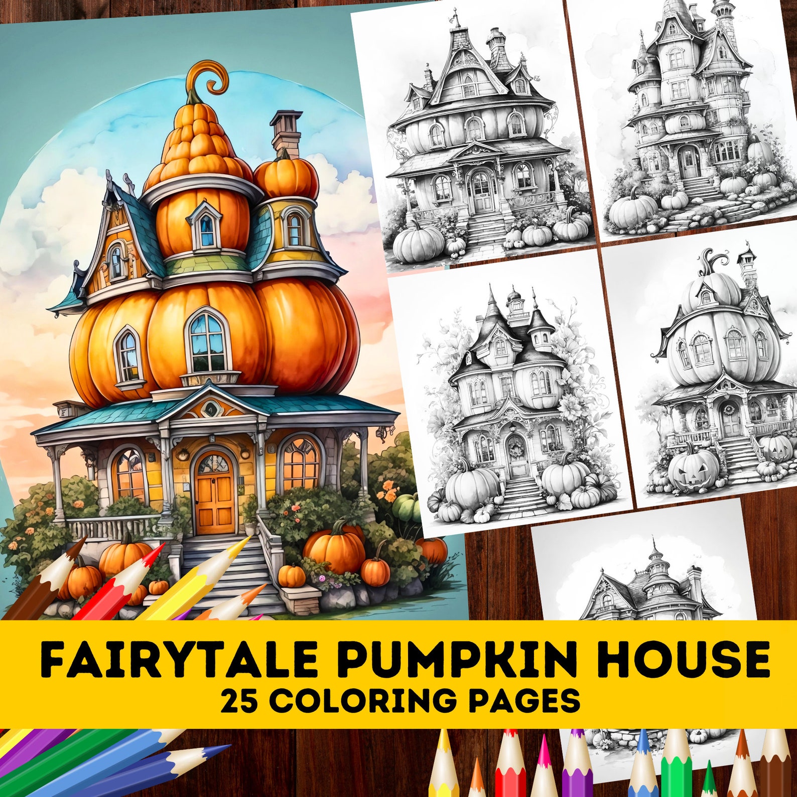 25 Fairytale Pumpkin House Grayscale Coloring Pages| Fantasy Pumpkin ...