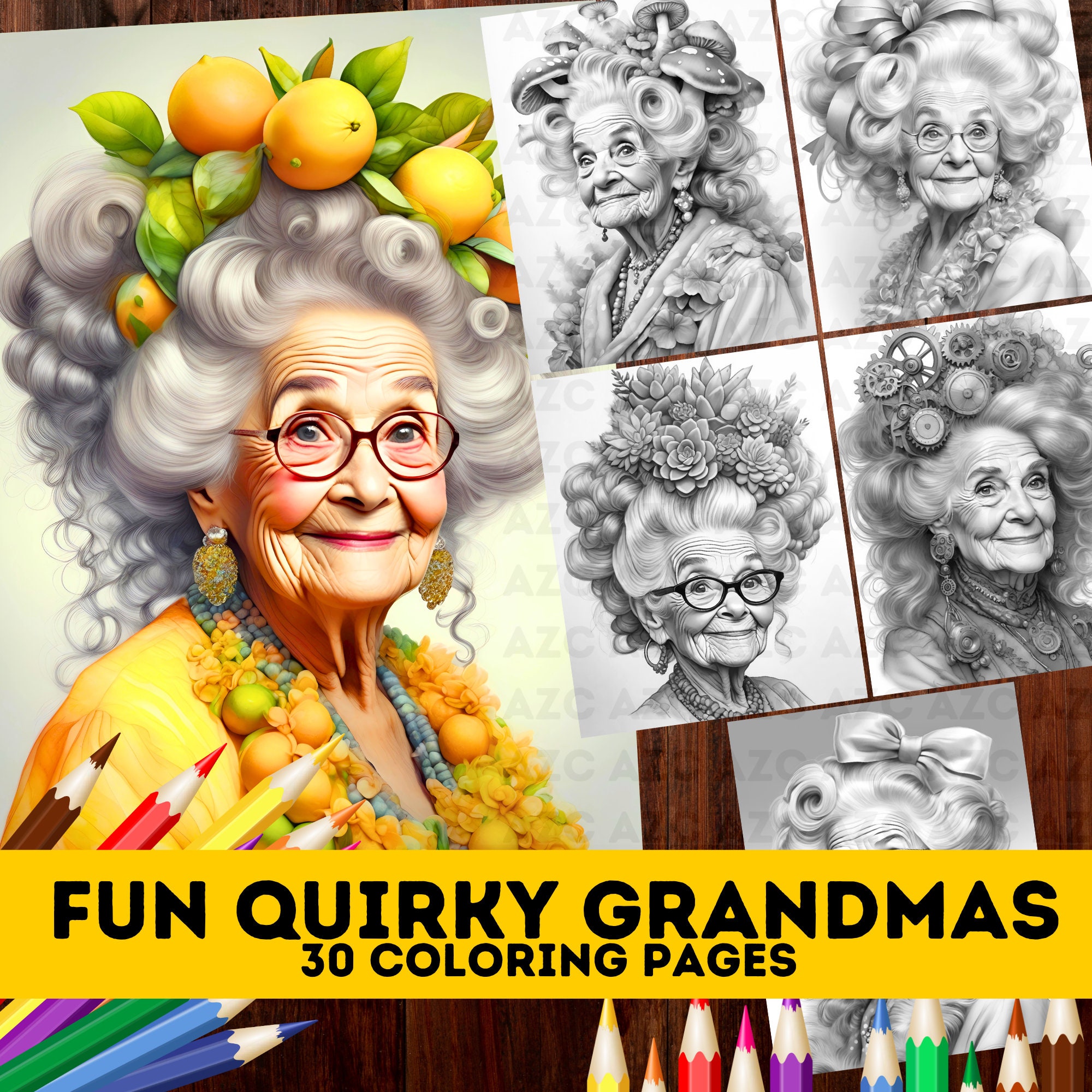 30 Fun Quirky Grandma Grayscale Coloring Book Pages Loving Grandmas and ...