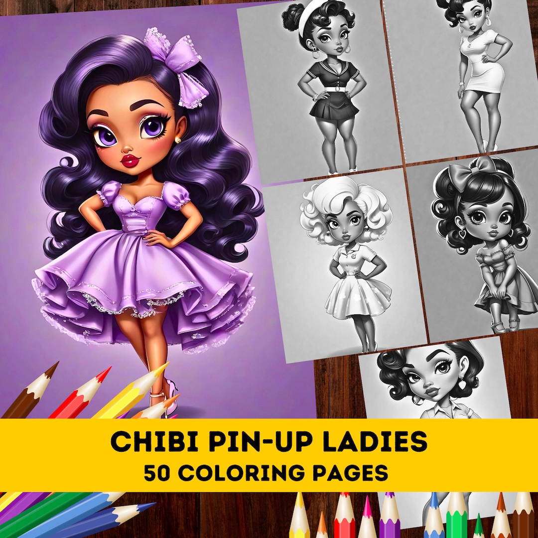 50 Cute Chibi Pin-up Beautiespin-up Ladies Grayscale Coloring Pages ...