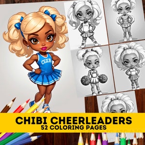 52 Cute Chibi Cheerleader Girls Grayscale Coloring Pages Melanin Kawaii ...