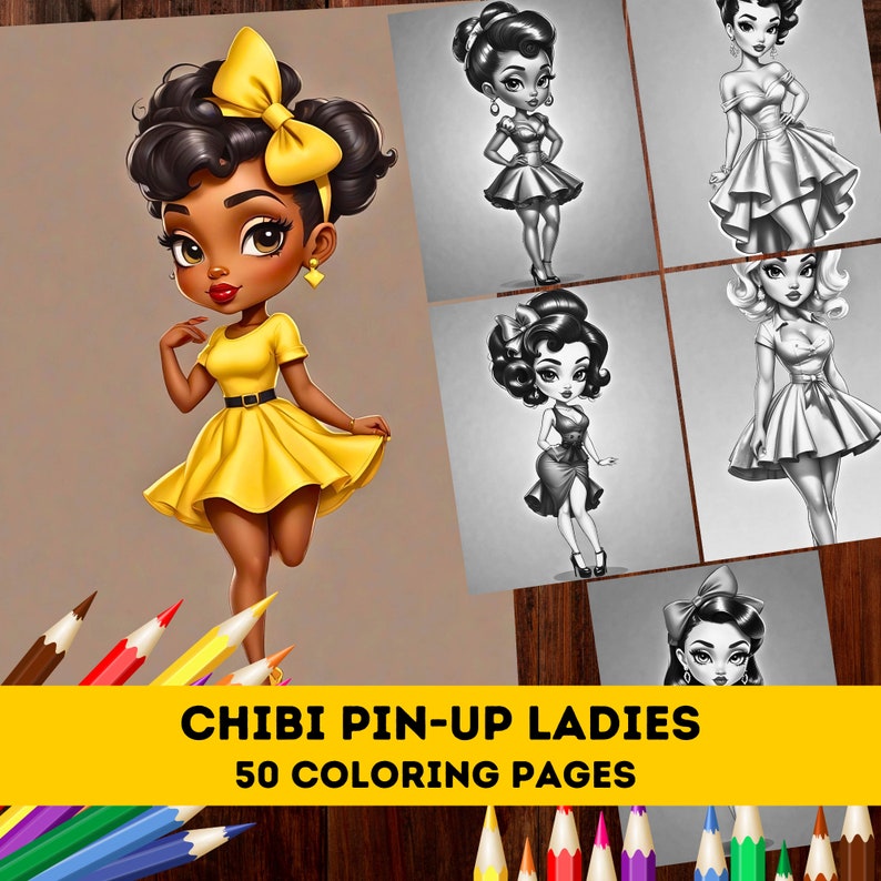 50 Cute Chibi Pin-up Beautiespin-up Ladies Grayscale Coloring Pages ...