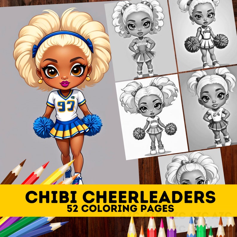 52 Cute Chibi Cheerleader Girls Grayscale Coloring Pages Melanin Kawaii ...