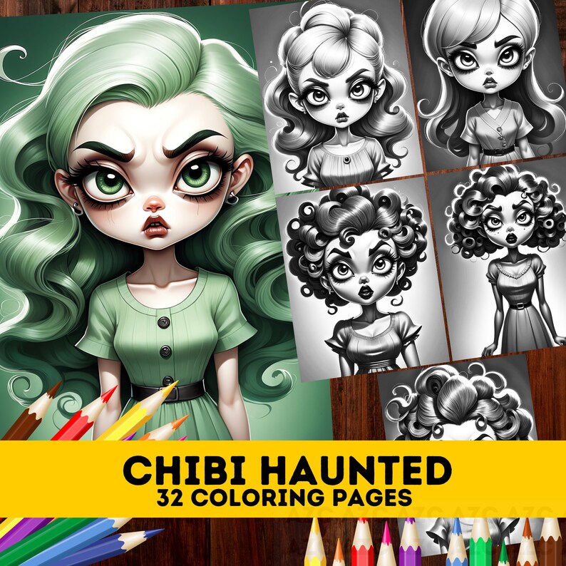 32 Cute Chibi Haunted Scared Girls Grayscale Coloring Pages Melanin ...
