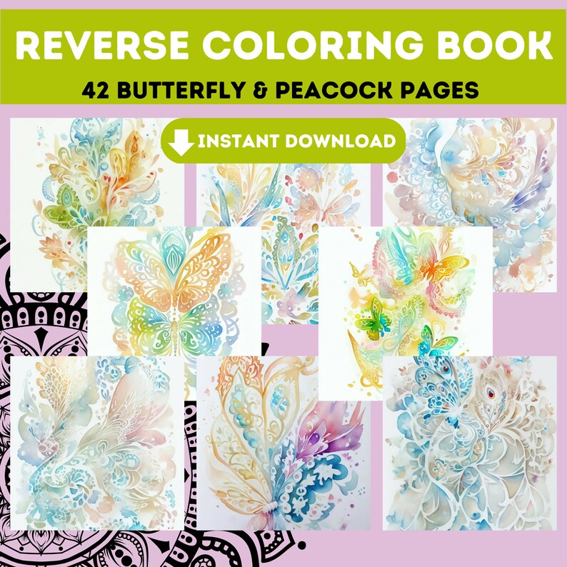 42 Printable Reverse Coloring Butterfly, Peacock, Laces Mindfulness and ...