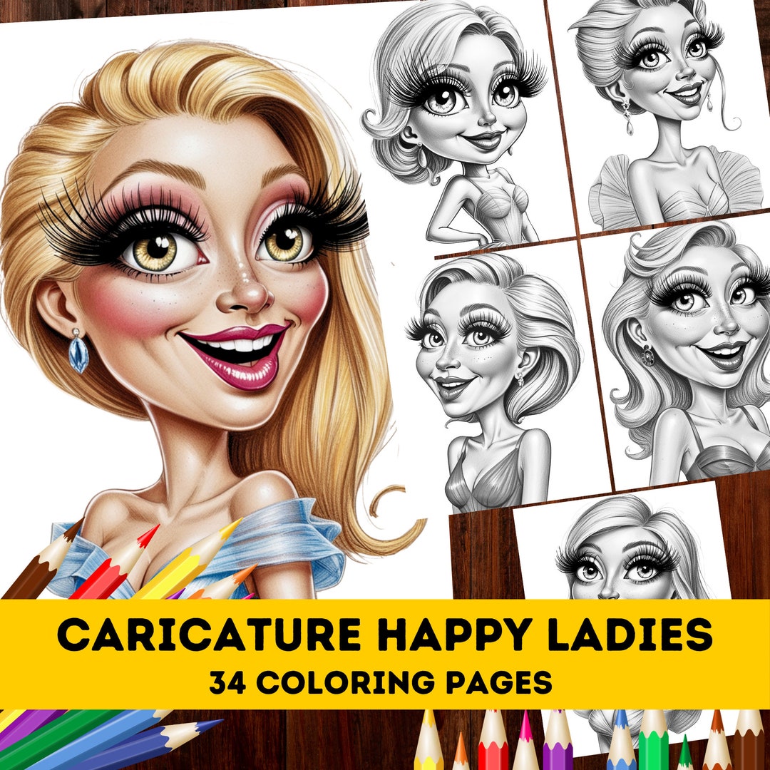 34 Beautiful Happy Ladies Caricatures Grayscale Coloring Pages ...