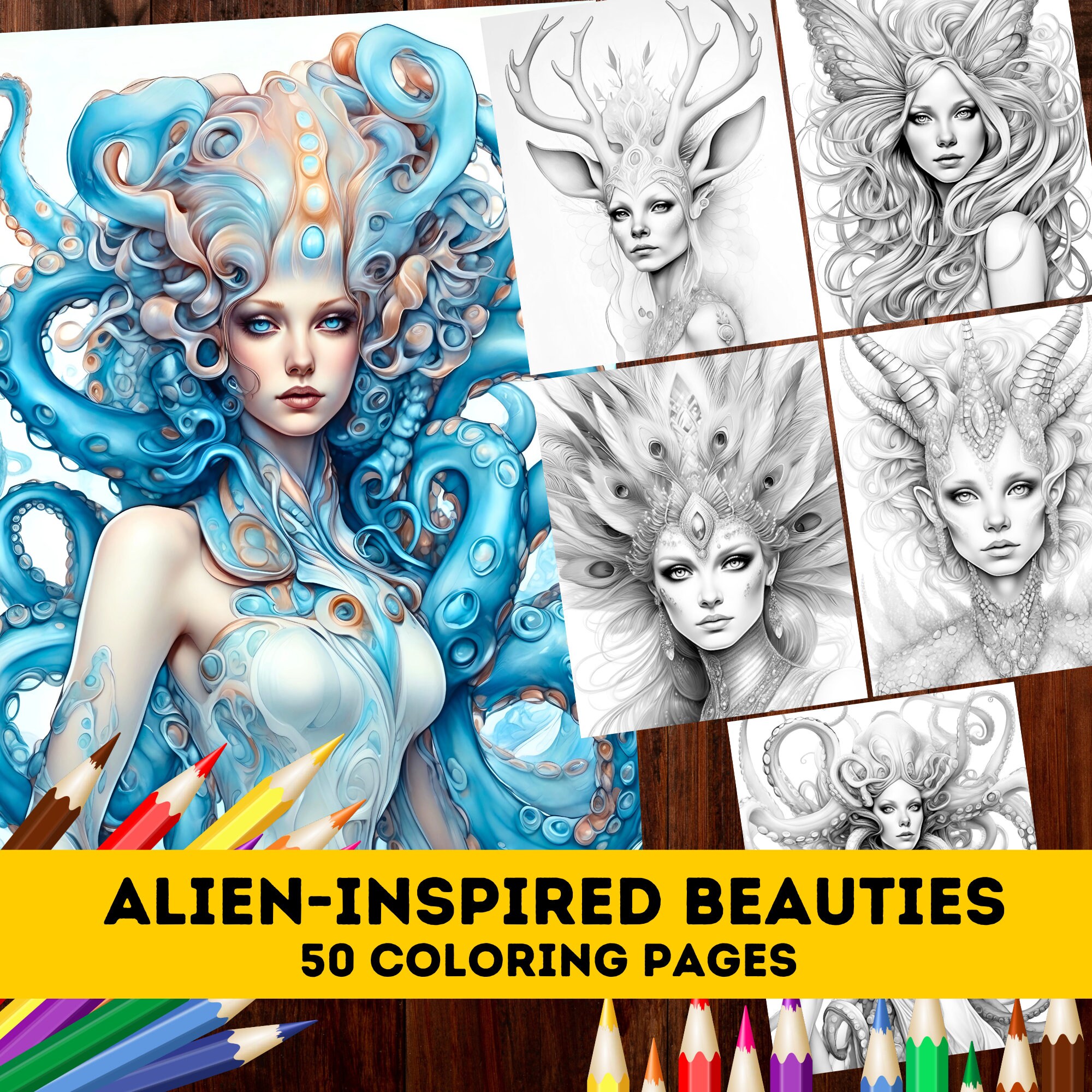 50 Alien Inspired Beauties Grayscale Coloring Pages - Etsy