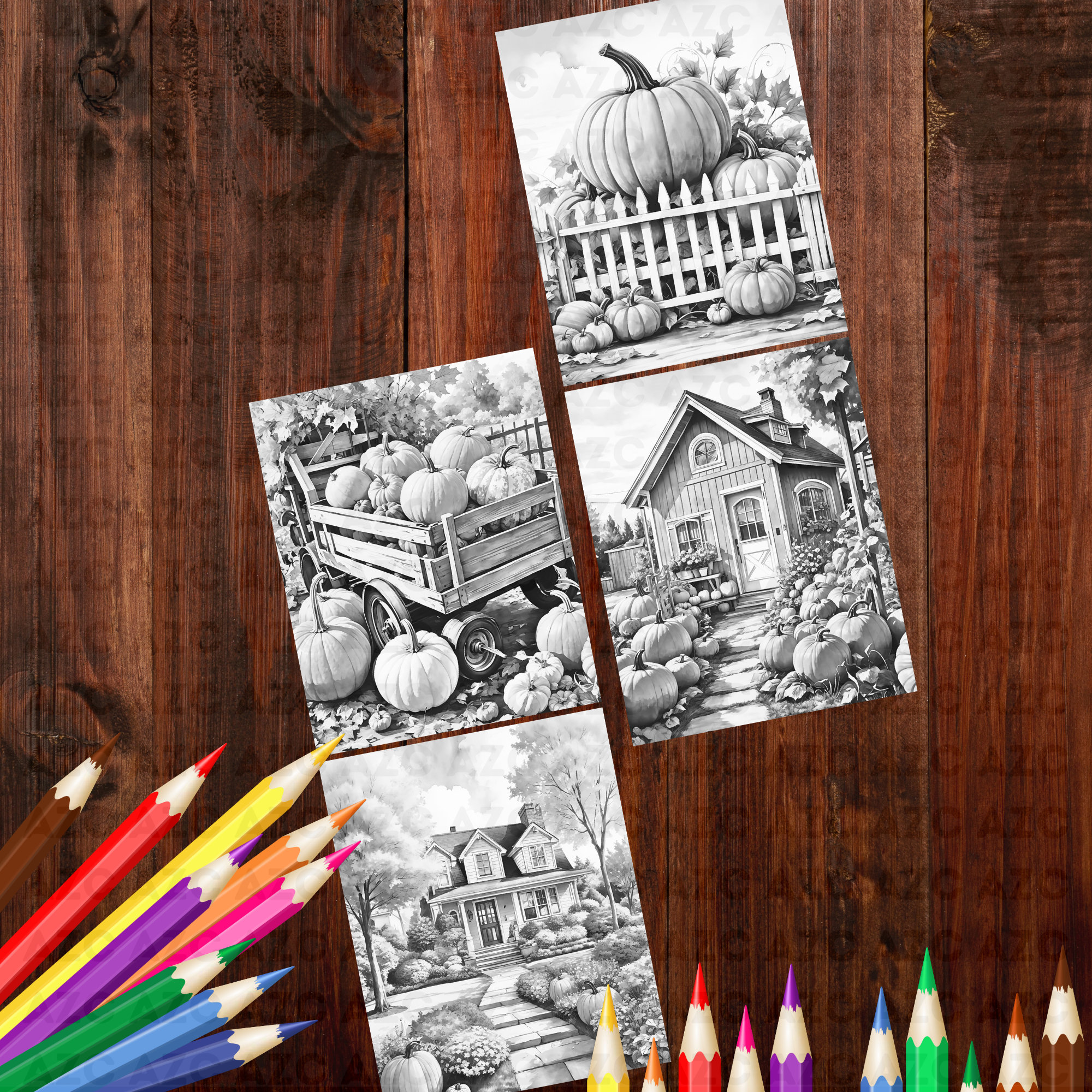 36 Fall-themed Scene Grayscale Coloring Pages Autumn Scene With ...